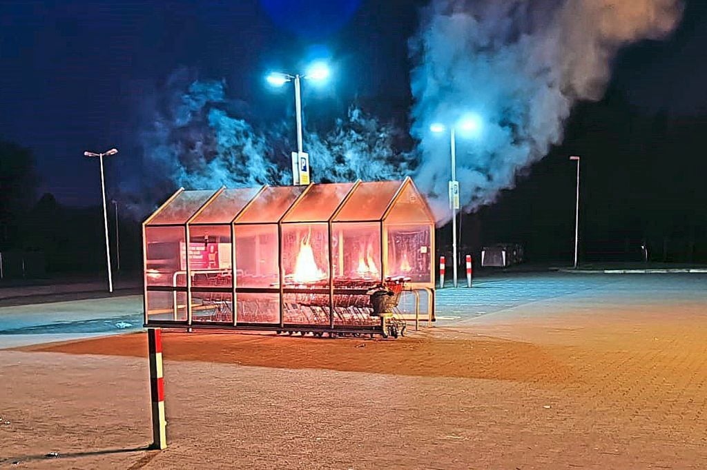 Wäschetrockner und Einkaufswagen brennen