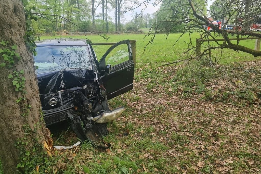 Auto prallt nach Fahrt über Wiese frontal gegen Baum